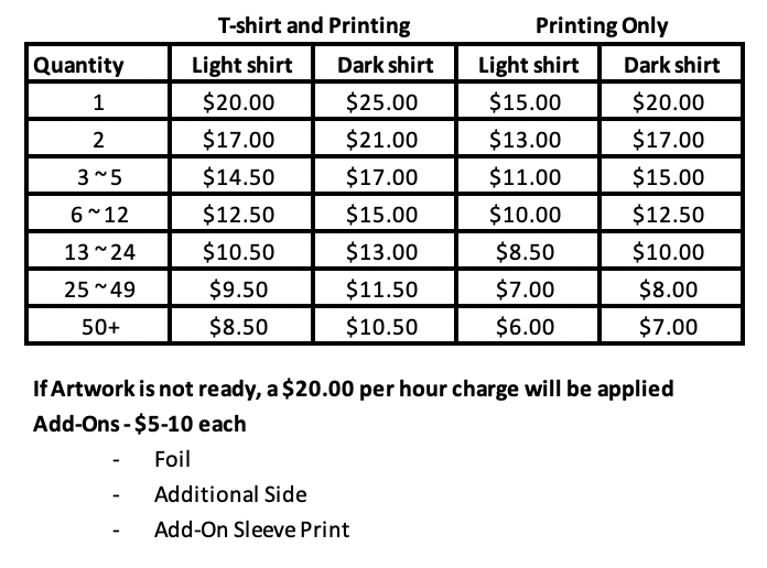 Tshirt PRICE LIST Template Printable Price Sheet Price Guide T shirt 